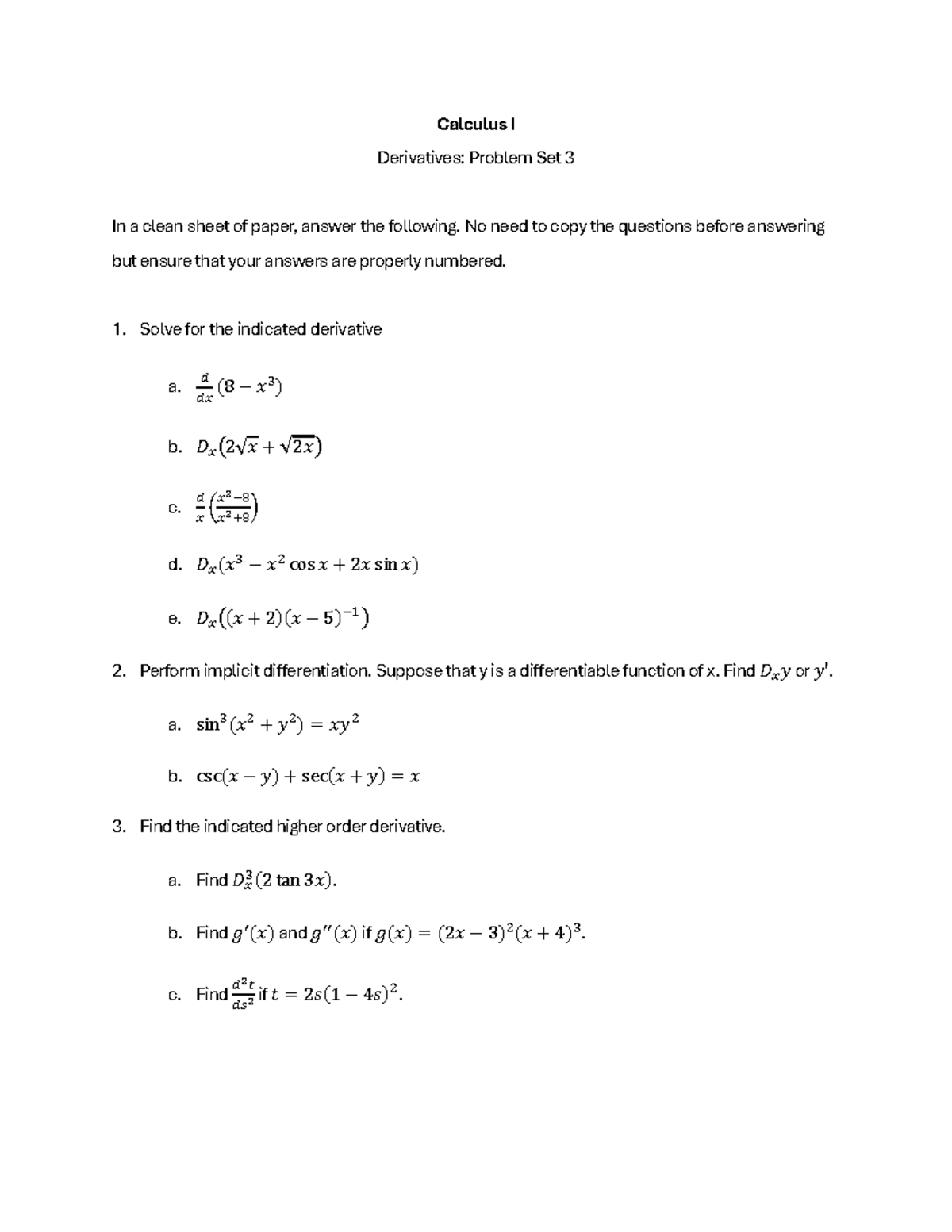 Calculus I Derivatives: Problem Set 3 Solutions - Studocu