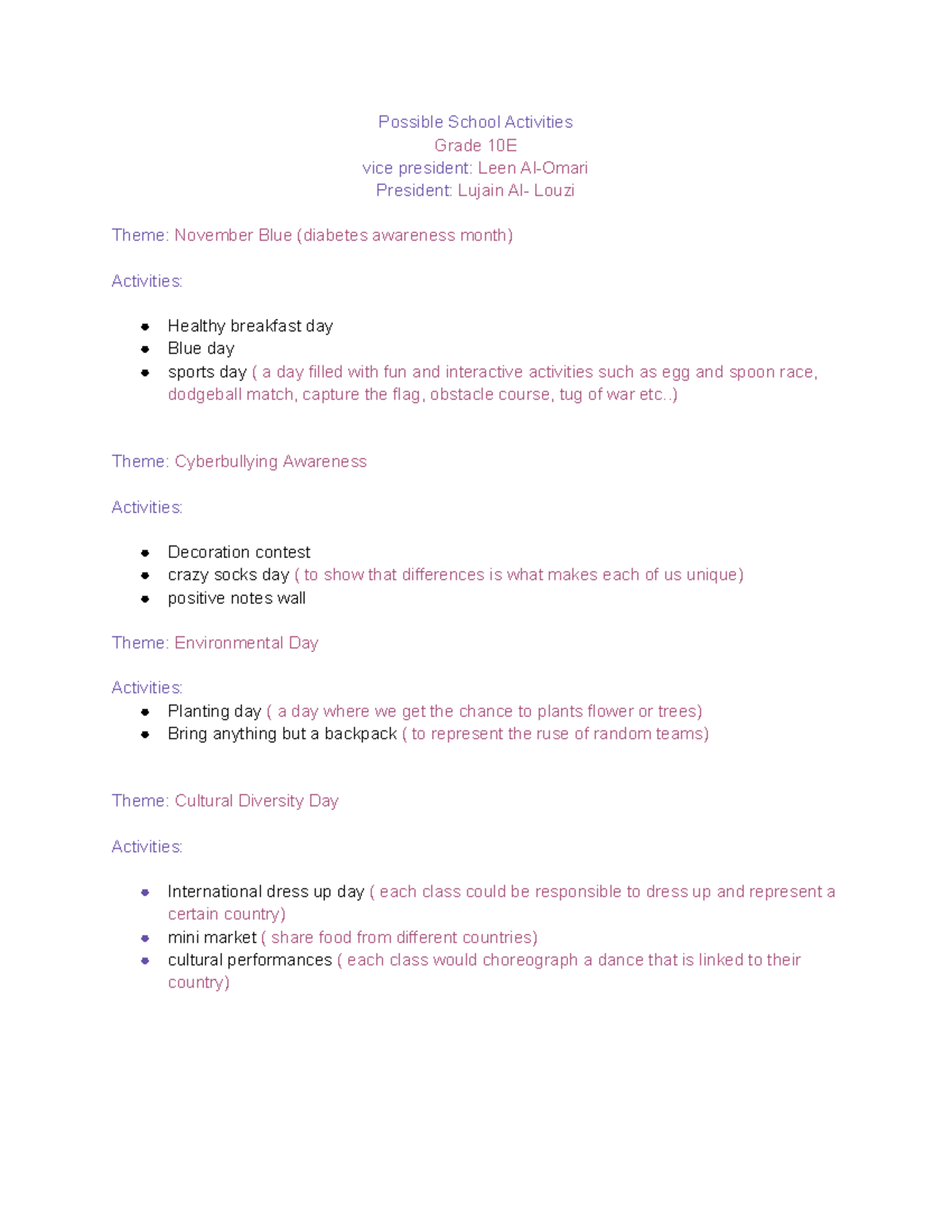 Grade 10E School Activities: November Blue & Awareness Themes - Studocu