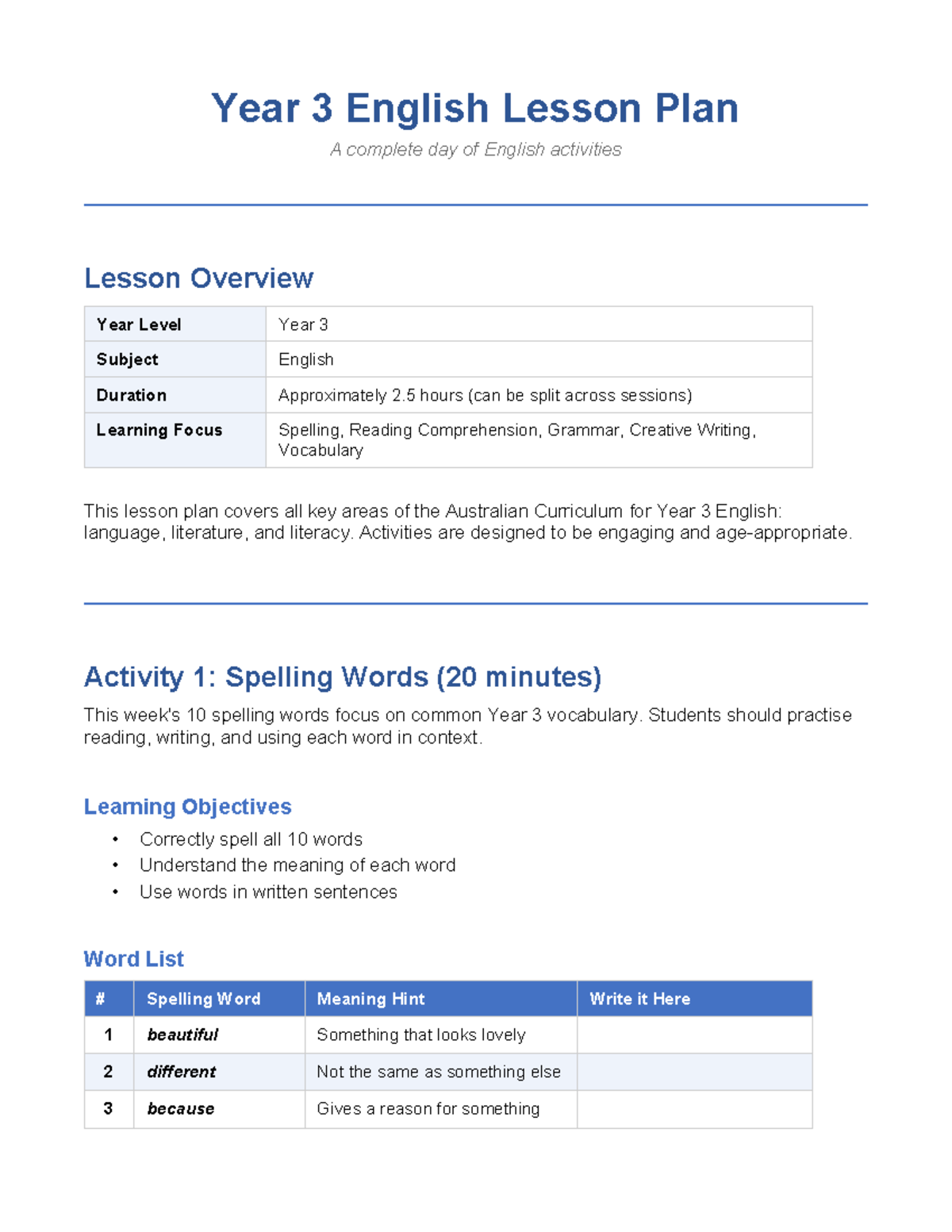 Year 3 English Lesson Plan: Engaging Activities Aligned with Curriculum ...