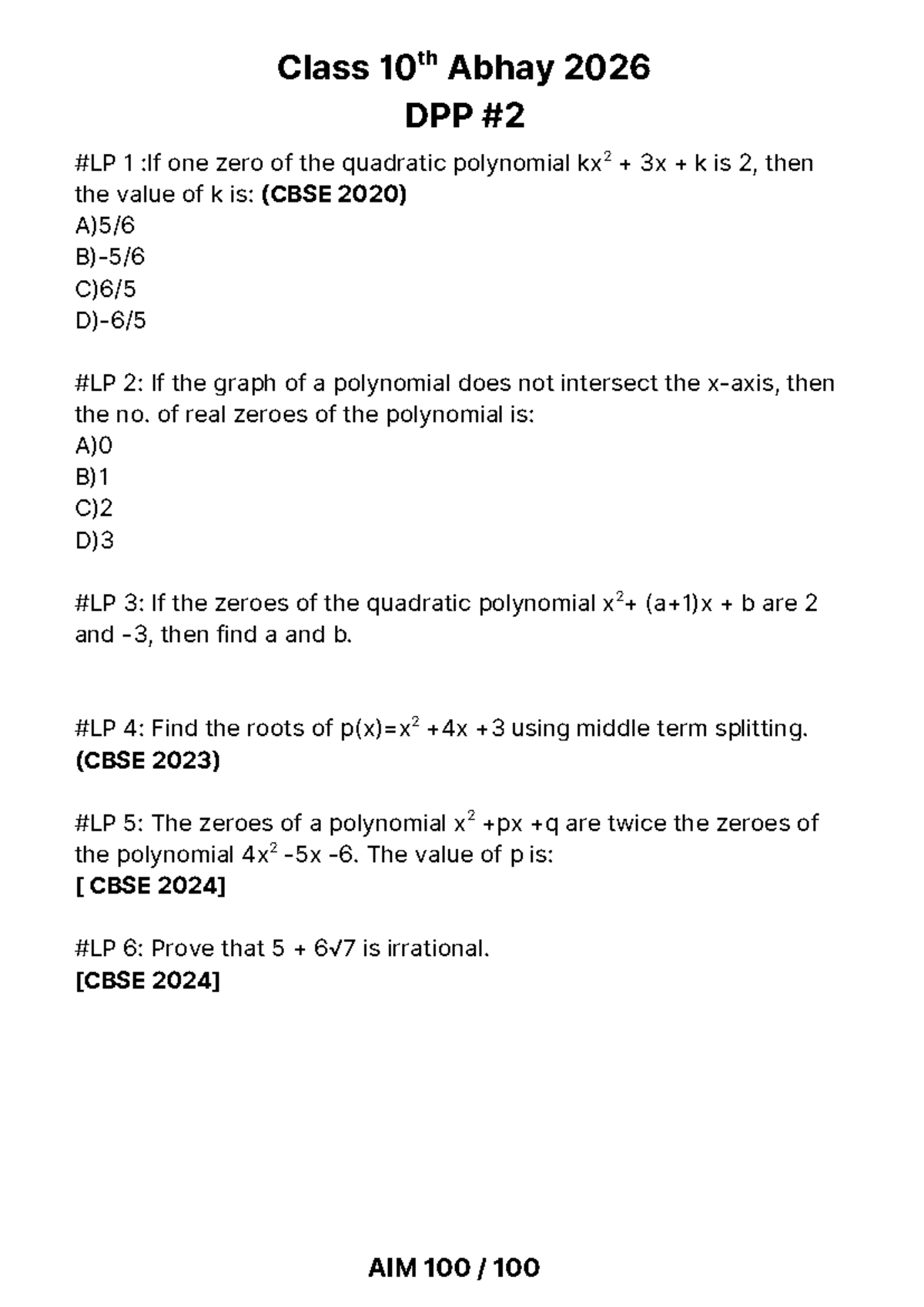 Class 10 DPP 1: Quadratic Polynomials & Their Roots (CBSE 2020-2023 ...
