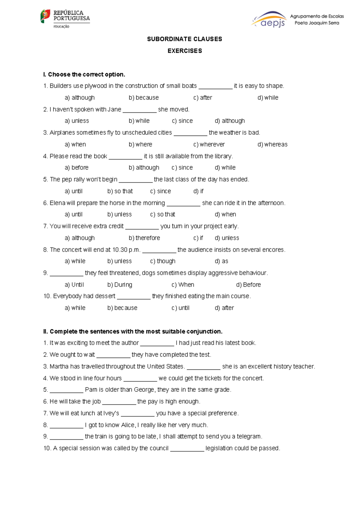 Subordinate Clauses Exercises - Practice Questions and Answers - Studocu