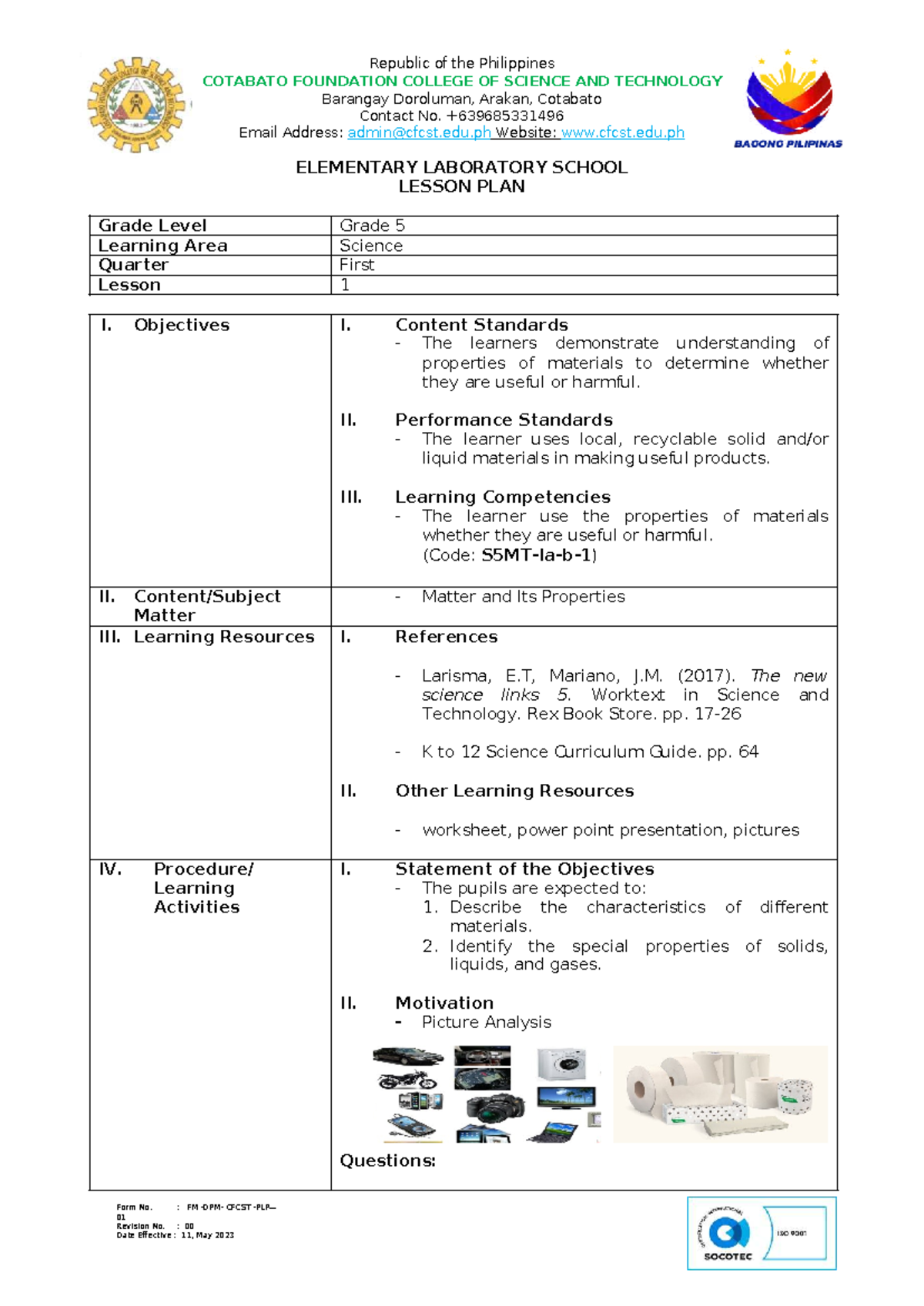 Grade 5 Science Lesson Plan: Properties of Matter (Code: ELS-01) - Studocu