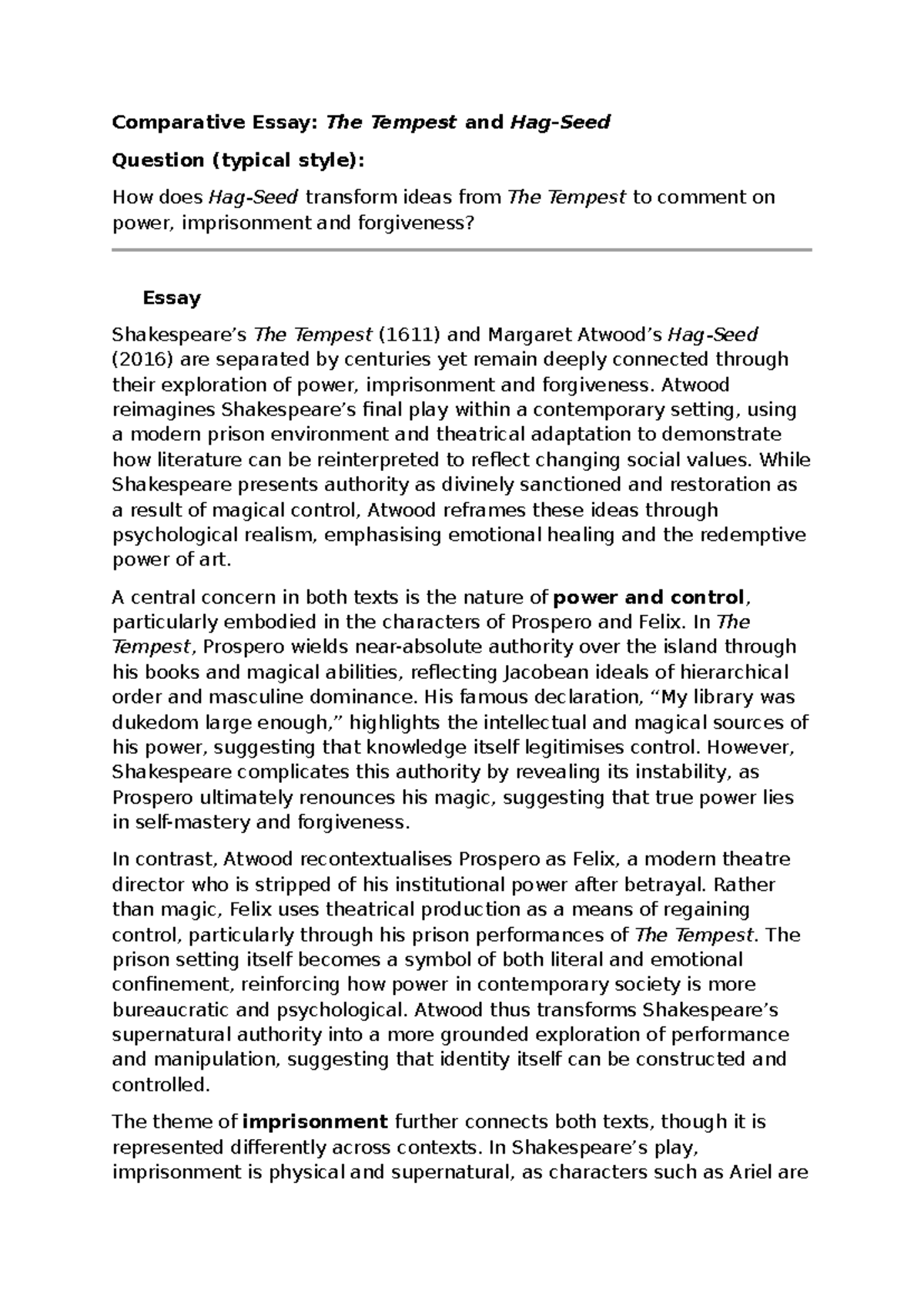 Comparative Essay: Power, Imprisonment & Forgiveness in The Tempest ...
