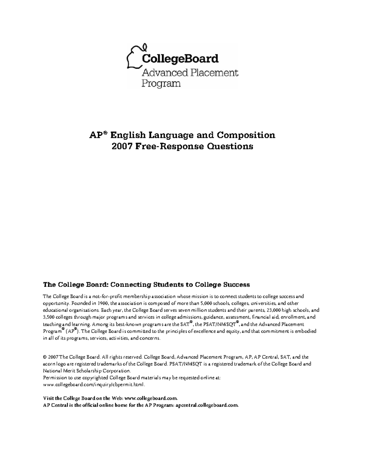 2007 AP English Language and Composition Exam Questions and Prompts ...