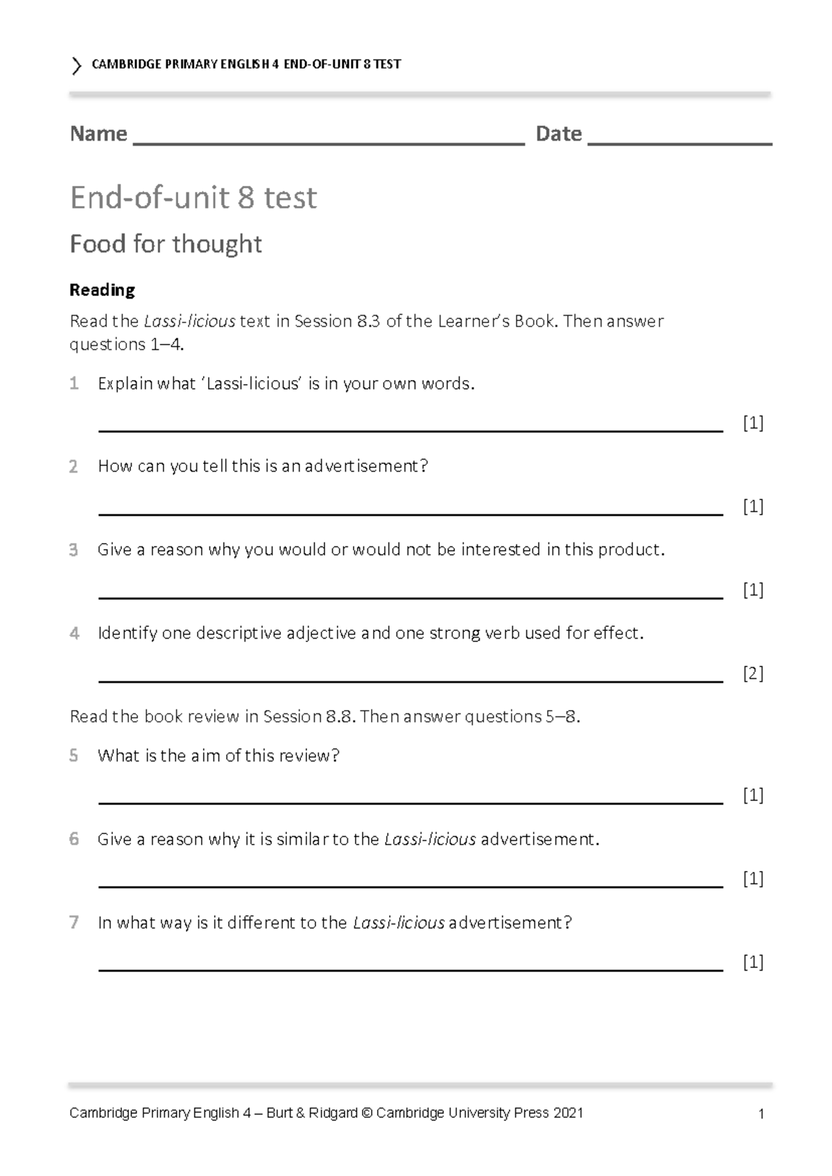Cambridge Primary English 4: End-of-Unit 8 Test Insights - Studocu