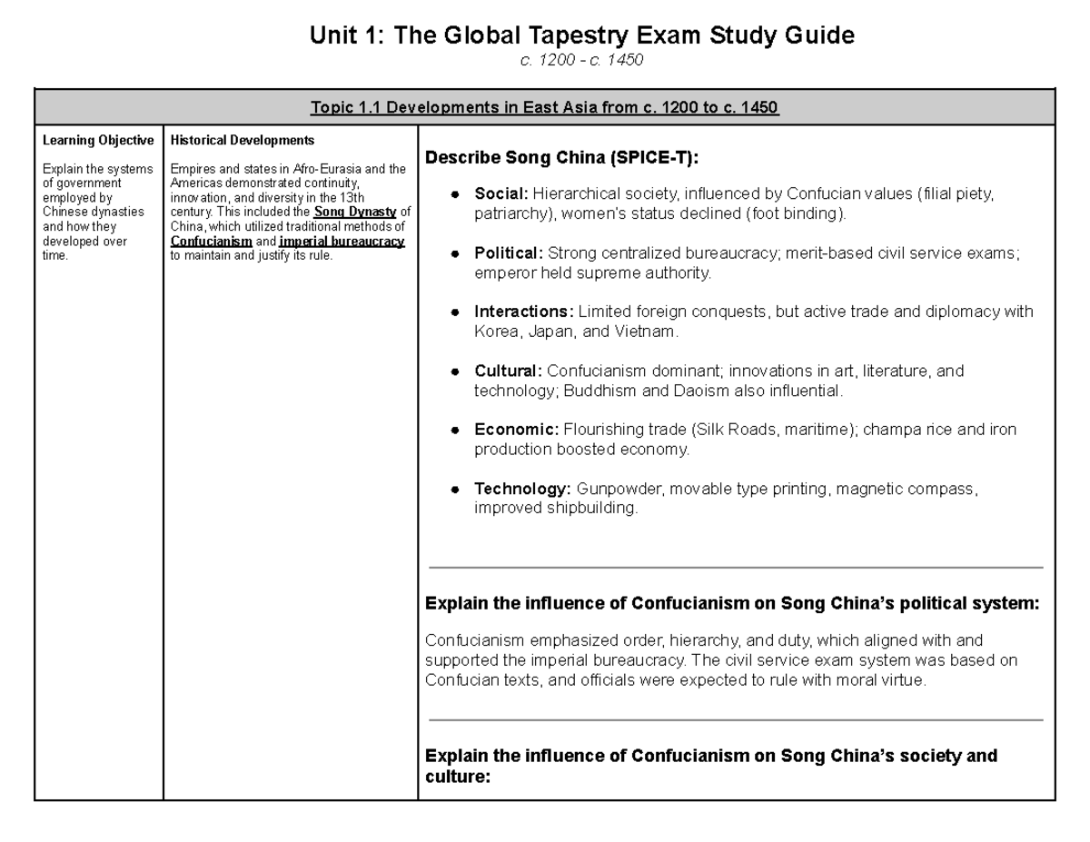 AP World History: Unit 1 Exam Study Guide (c. 1200 - c. 1450) - Studocu