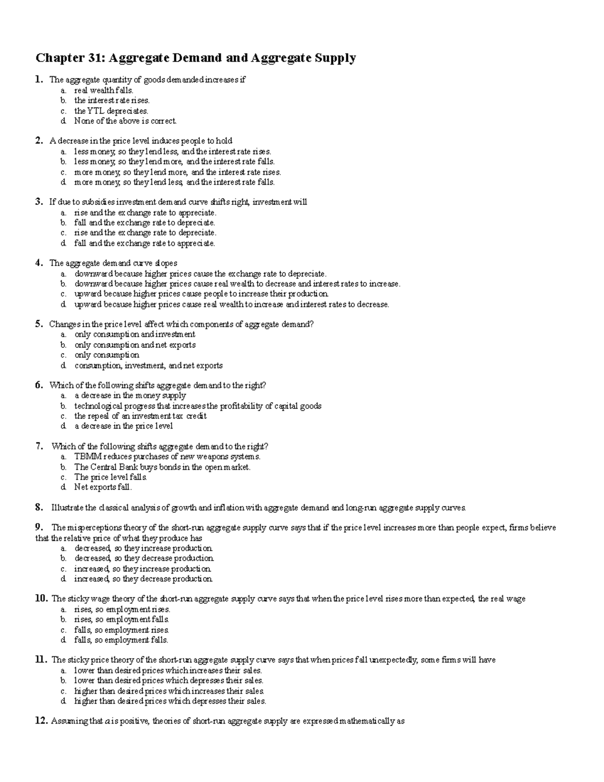 -CH31-33 questions and answers - Chapter 31: Aggregate Demand and ...