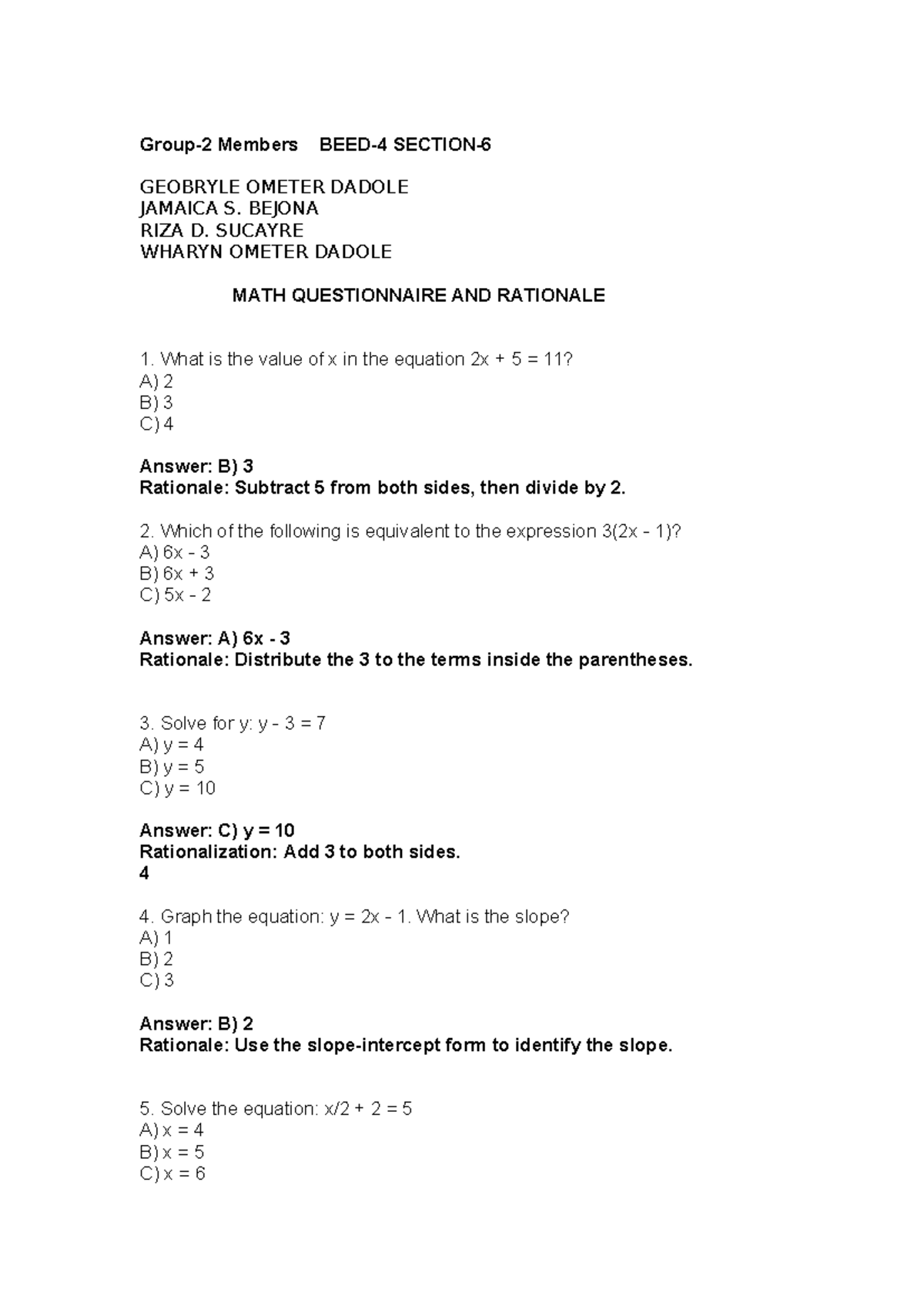 Group 2 MATH - Dalii Math Questionnaire & Rationale for Exam Prep - Studocu