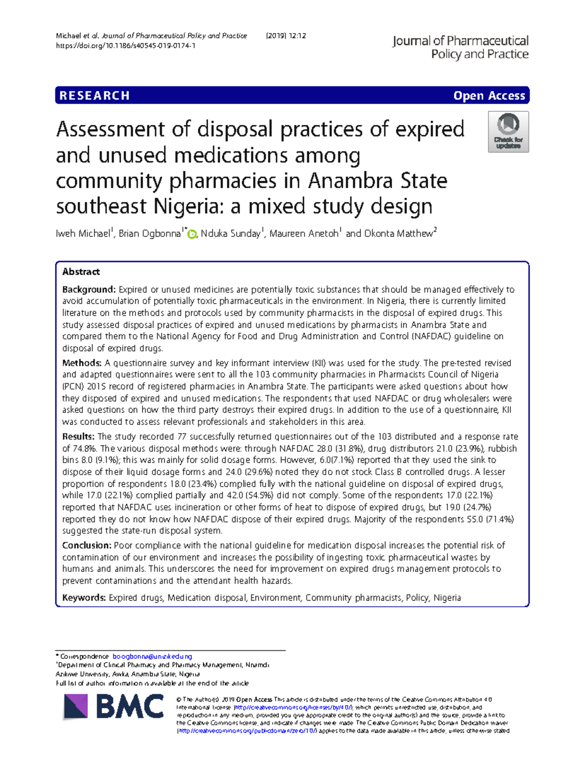 Assessment of Expired Medication Disposal Practices in Anambra State: A ...