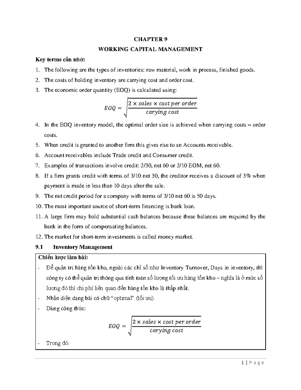 CHAPTER 9: WORKING CAPITAL MANAGEMENT REVIEW - FINANCIAL MGMT - Studocu
