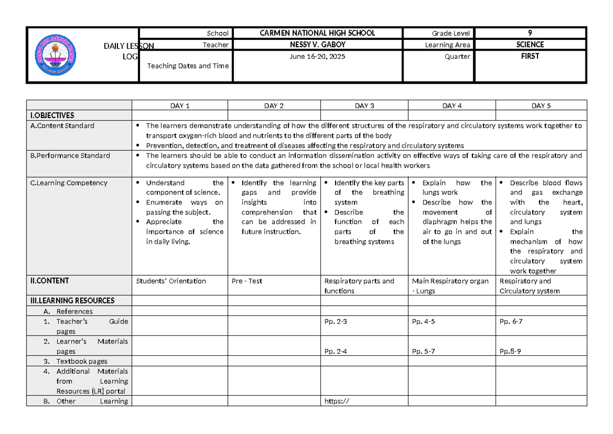 9th Grade Science Daily Lesson Log (DLL) - June 2025 - Studocu