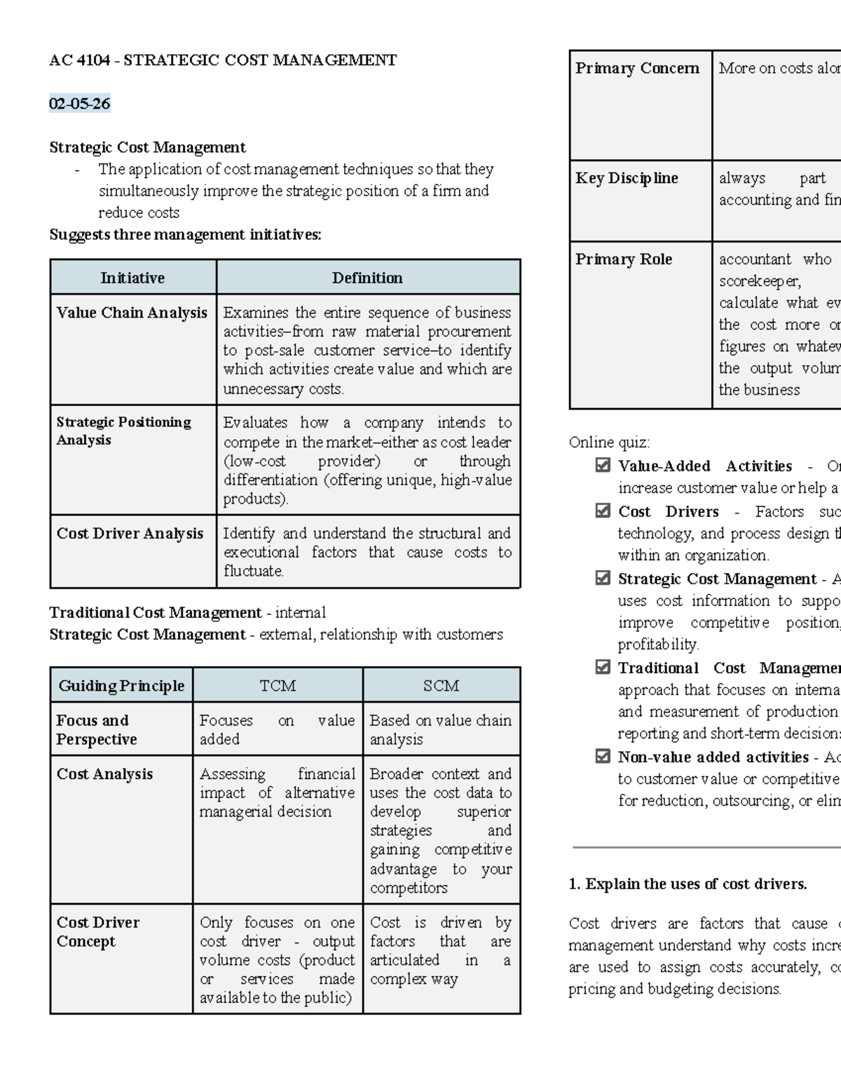 AC 4104 STRATEGIC COST MANAGEMENT: Key Concepts and Applications - Studocu
