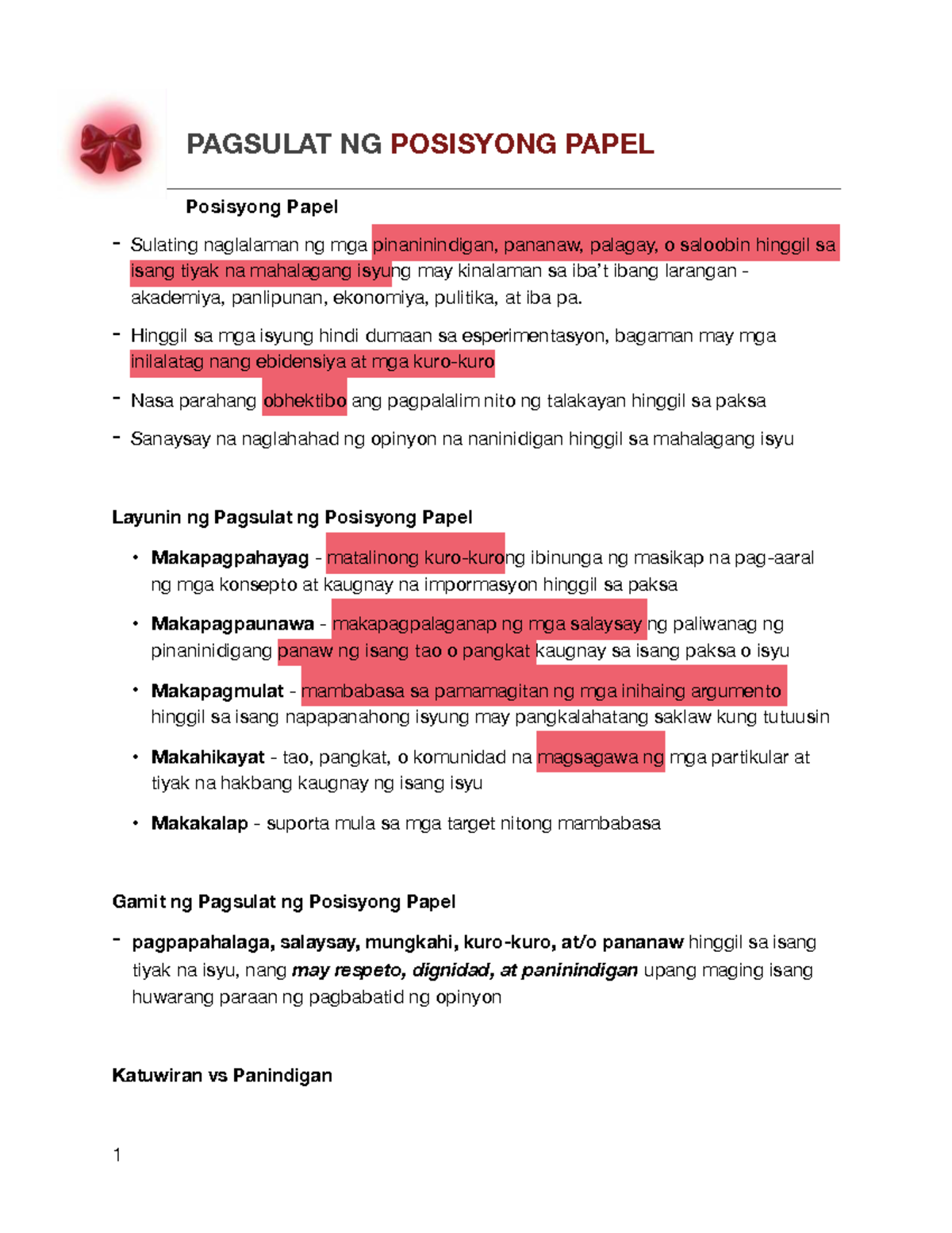 PPosisyong Papel: Gabay sa Pagsulat at mga Dapat Isaalang-alang - Studocu