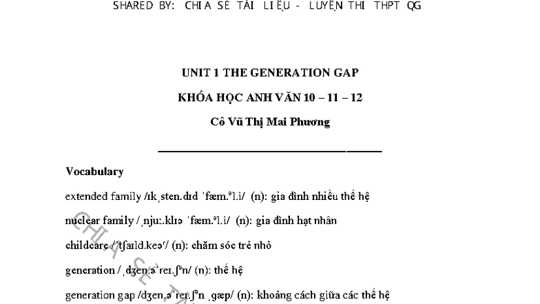 Unit 1: The Generation Gap - Vocabulary & Quiz (English 10-12) - Studocu