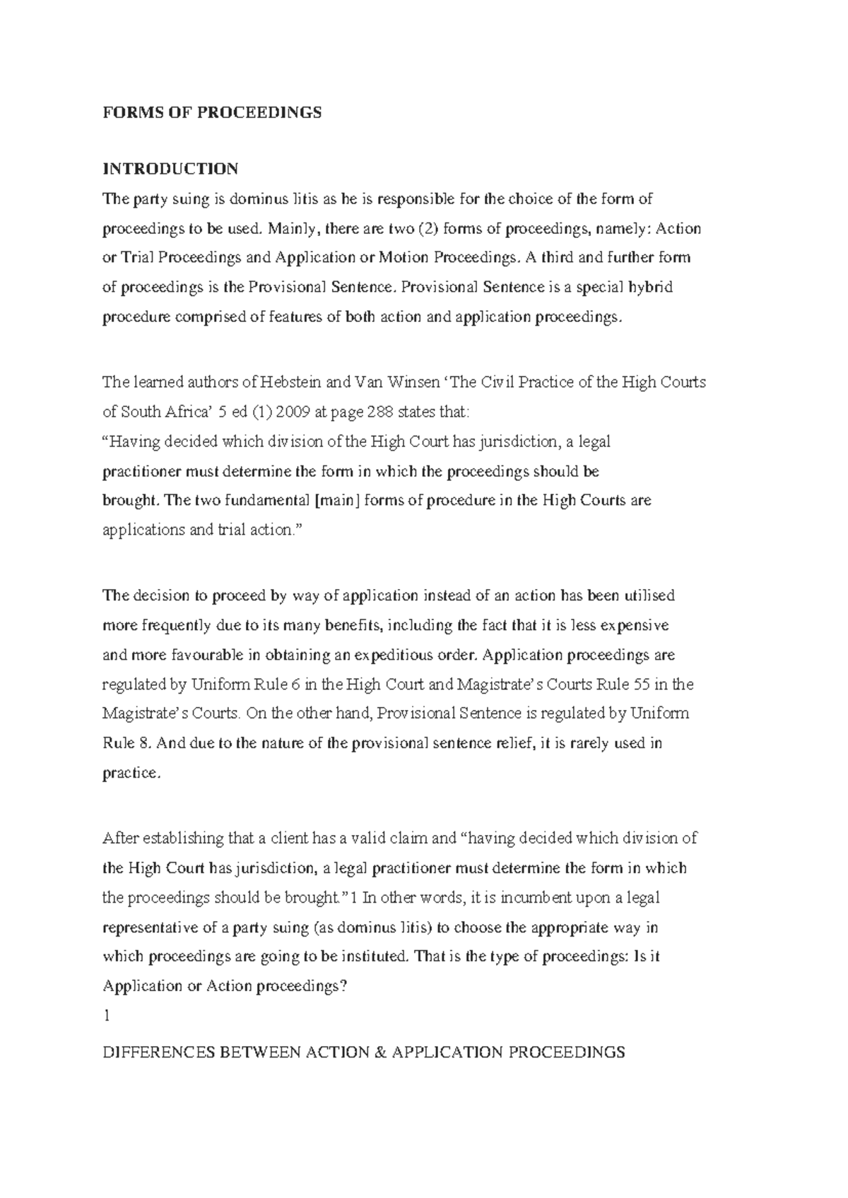 Forms of Proceedings: Action vs. Application in Legal Practice - Studocu