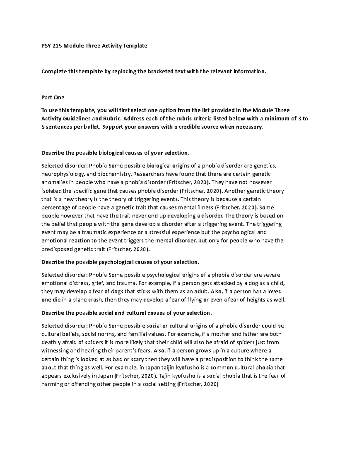 Psy 215 Phobia Disorder Activity Journal: Causes and Symptom Overlap ...