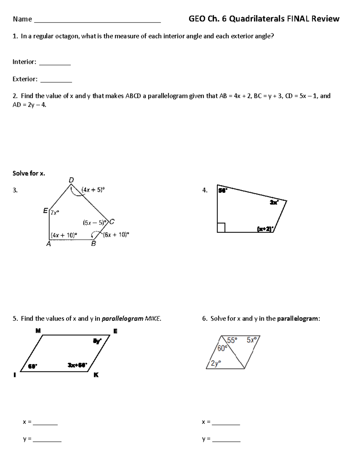 GEO Ch. 6 Quadrilaterals FINAL Review Worksheet - Name ...