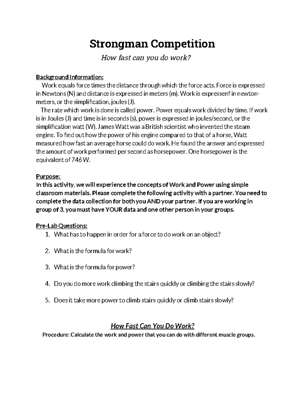AP Physics Lab - Work and Power Measurement Activity - Studocu