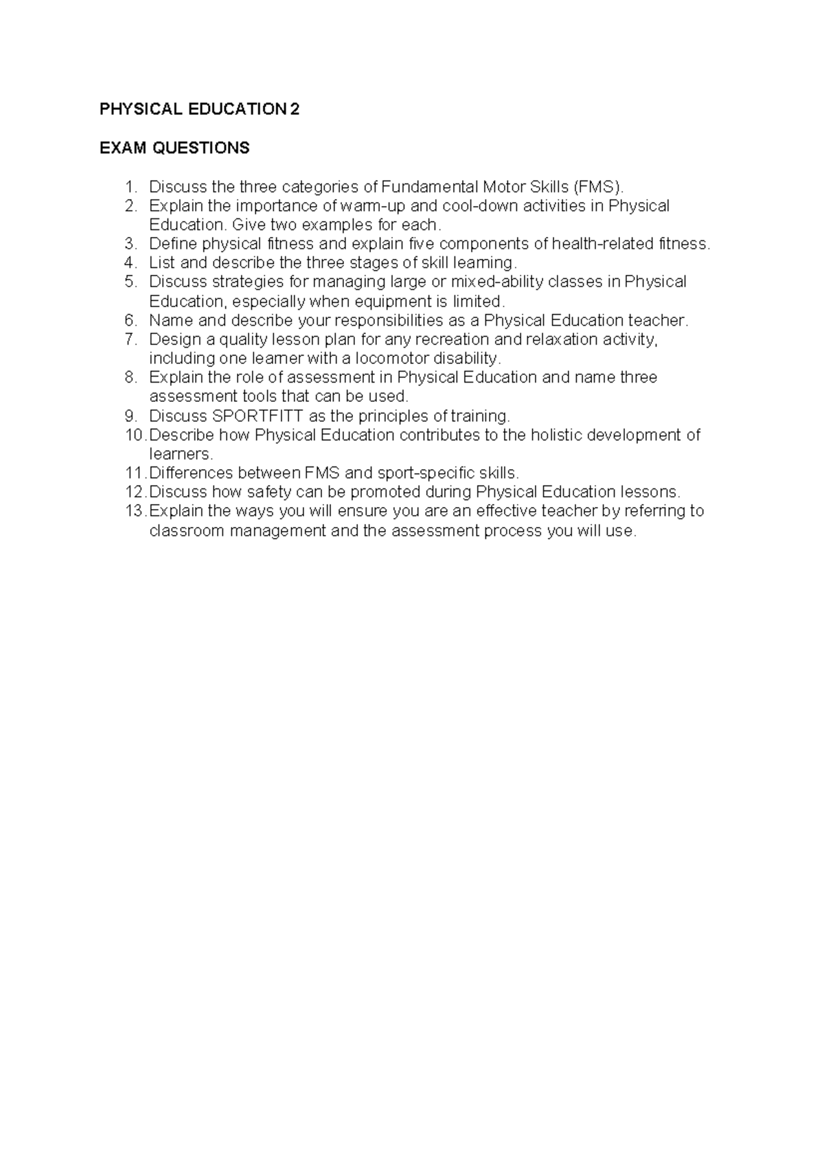 PHYSICAL EDUCATION 2 Final Exam Questions & Curriculum Overview - Studocu