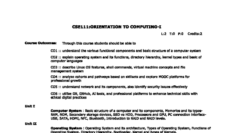 CSE111: Computer Systems and Operating Systems Syllabus - Studocu