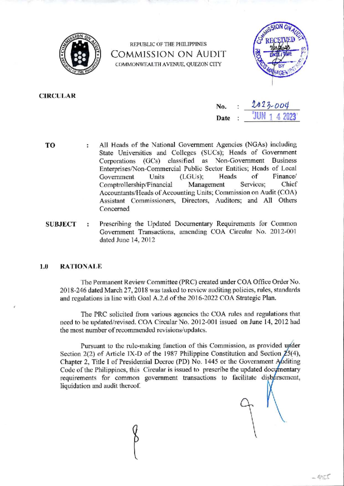 COA Circular No. 1-4-2023: Updated Documentary Requirements for ...