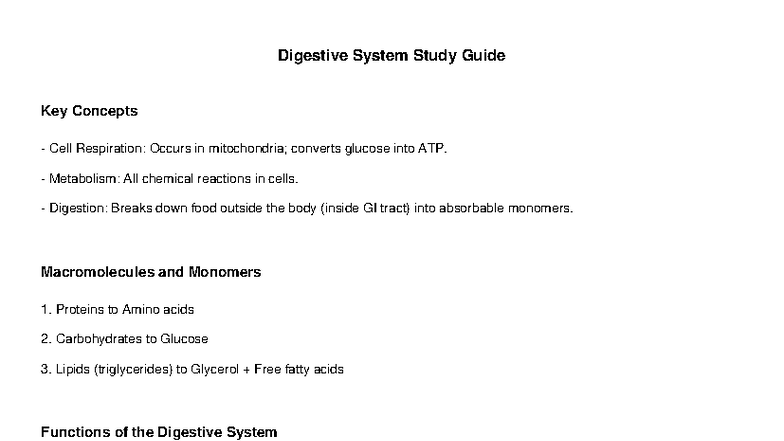 Digestive System Study Guide: Key Concepts and Functions - Studocu