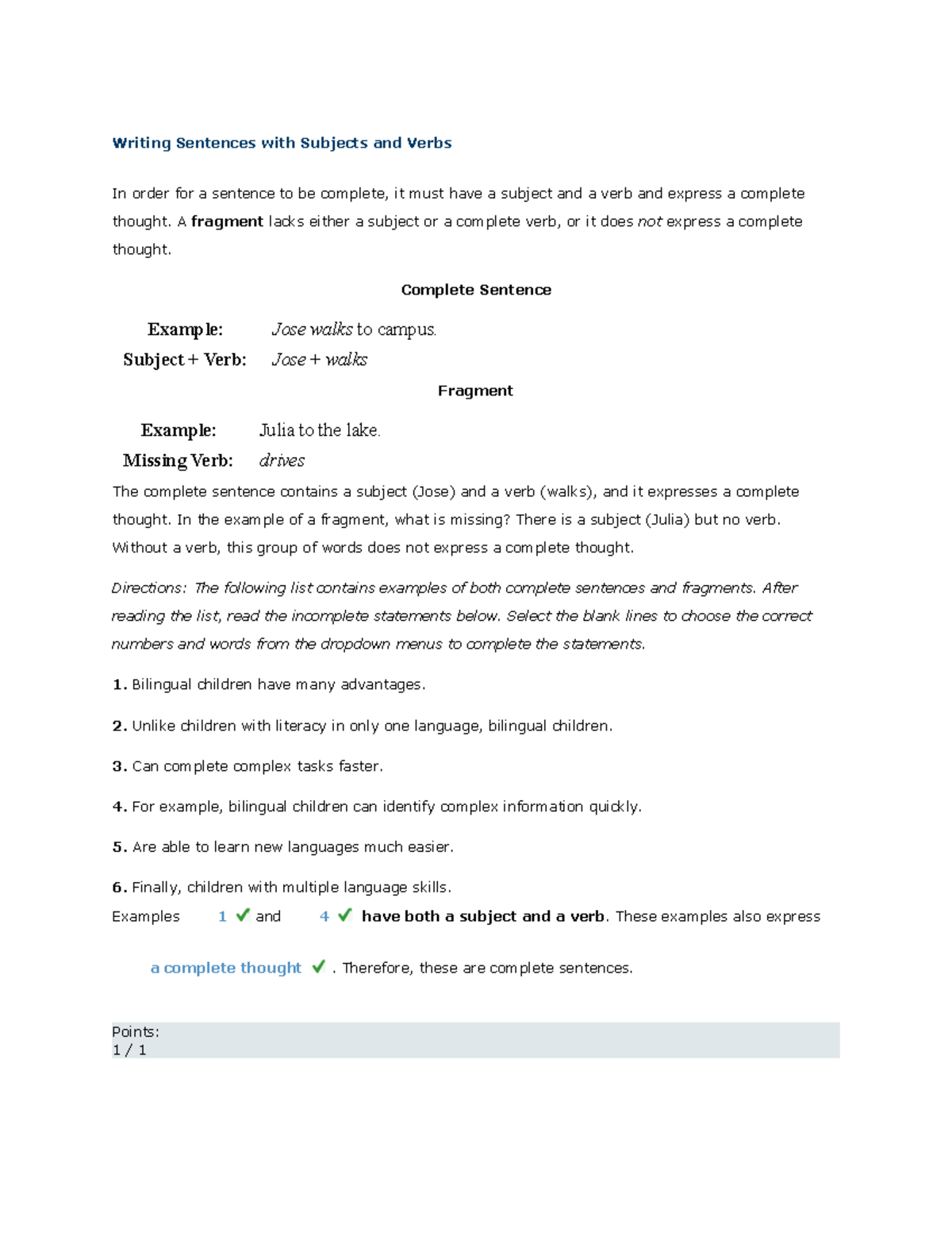 Writing Sentences with Subjects & Verbs: Understanding Fragments and ...