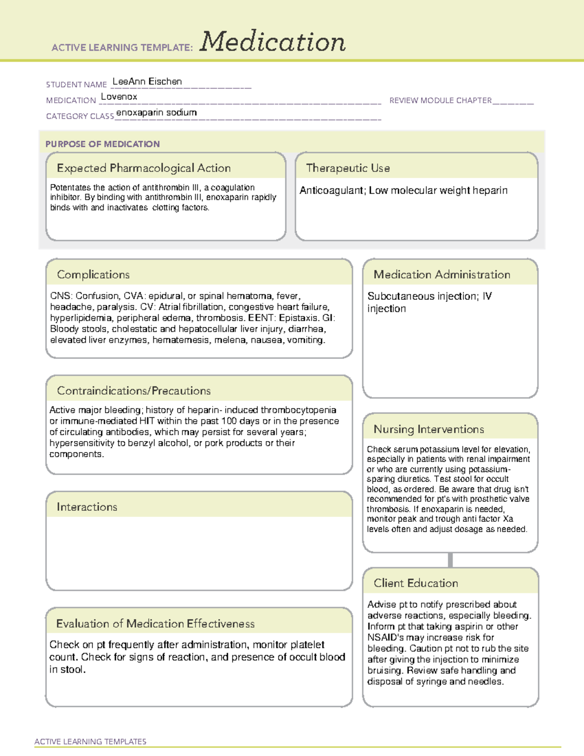 Enoxaparin Sodium Active Learning Template ATI Med - Study Guide - Studocu