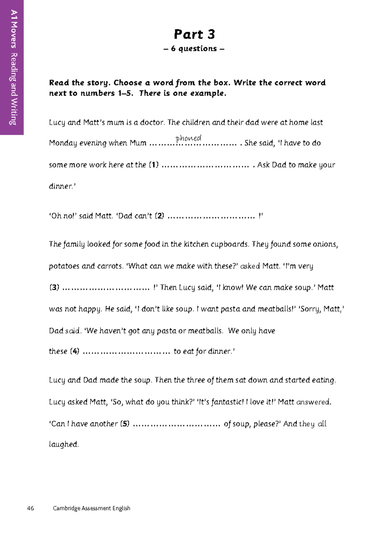 A1 Movers Reading and Writing Practice: Story Completions and Questions ...