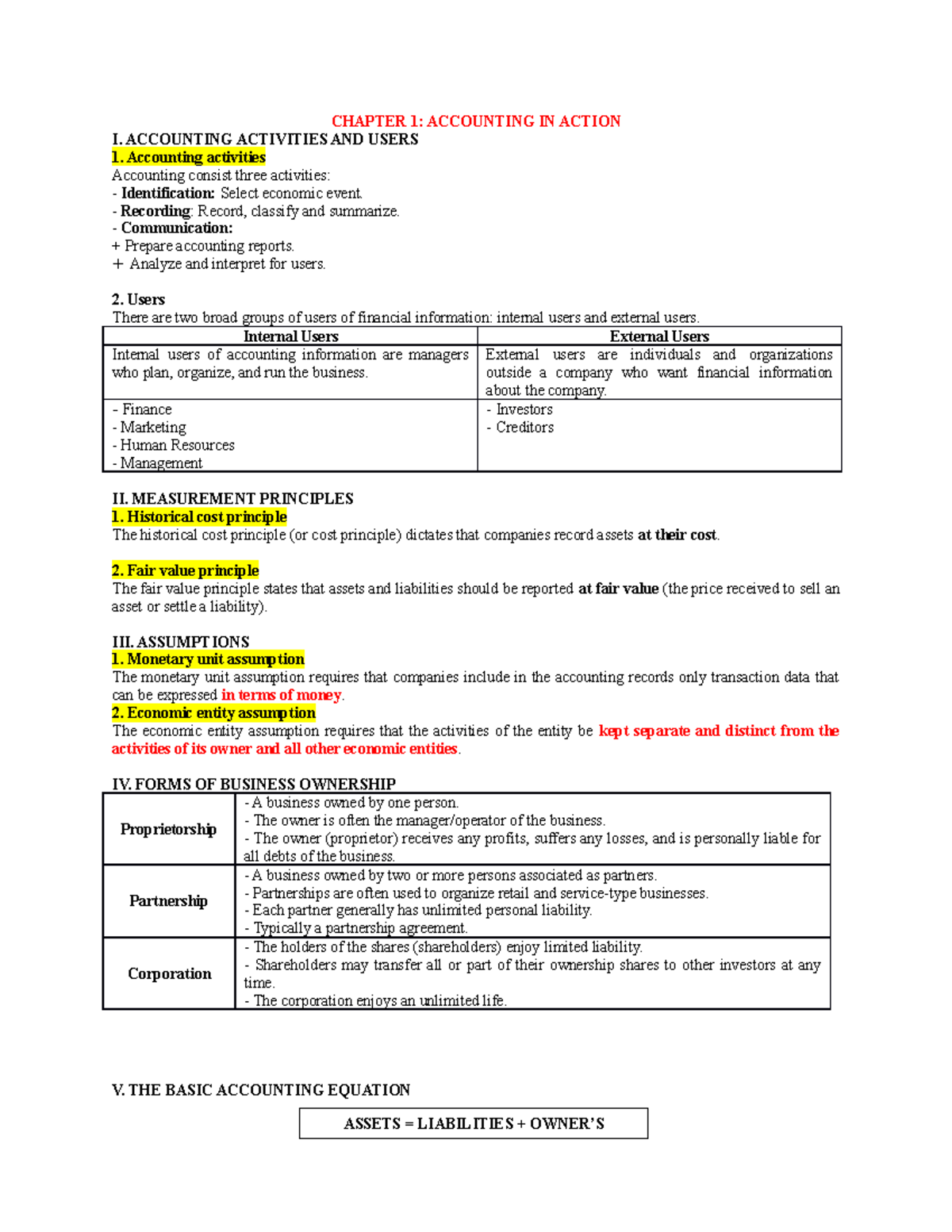 FA Midterm - CHAPTER 1: ACCOUNTING IN ACTION I. ACCOUNTING ACTIVITIES ...