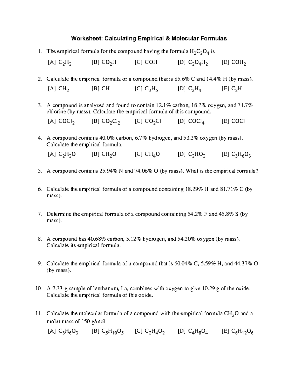 Worksheet: Empirical & Molecular Formulas (Chem 101) - Studocu
