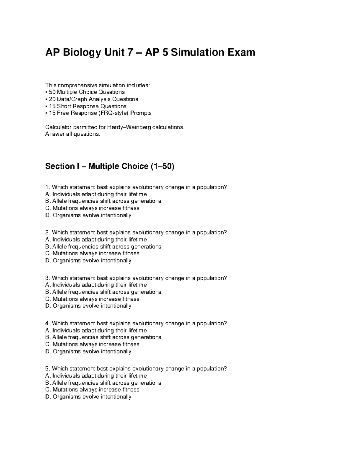 AP Biology Unit 7 AP 5 Simulation Exam: 100 Questions Overview - Studocu