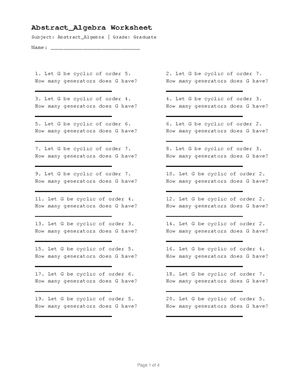 Abstract Algebra Worksheet 3: Generators of Cyclic Groups - Studocu