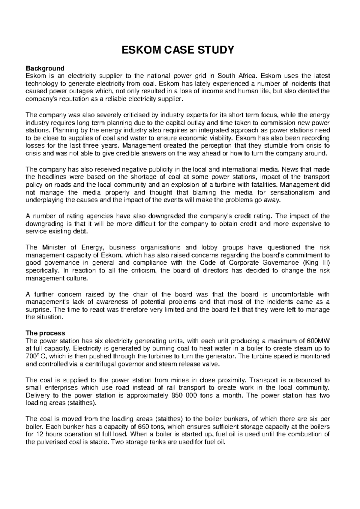 Eskom Case Study: Challenges and Risk Management Insights - Studocu