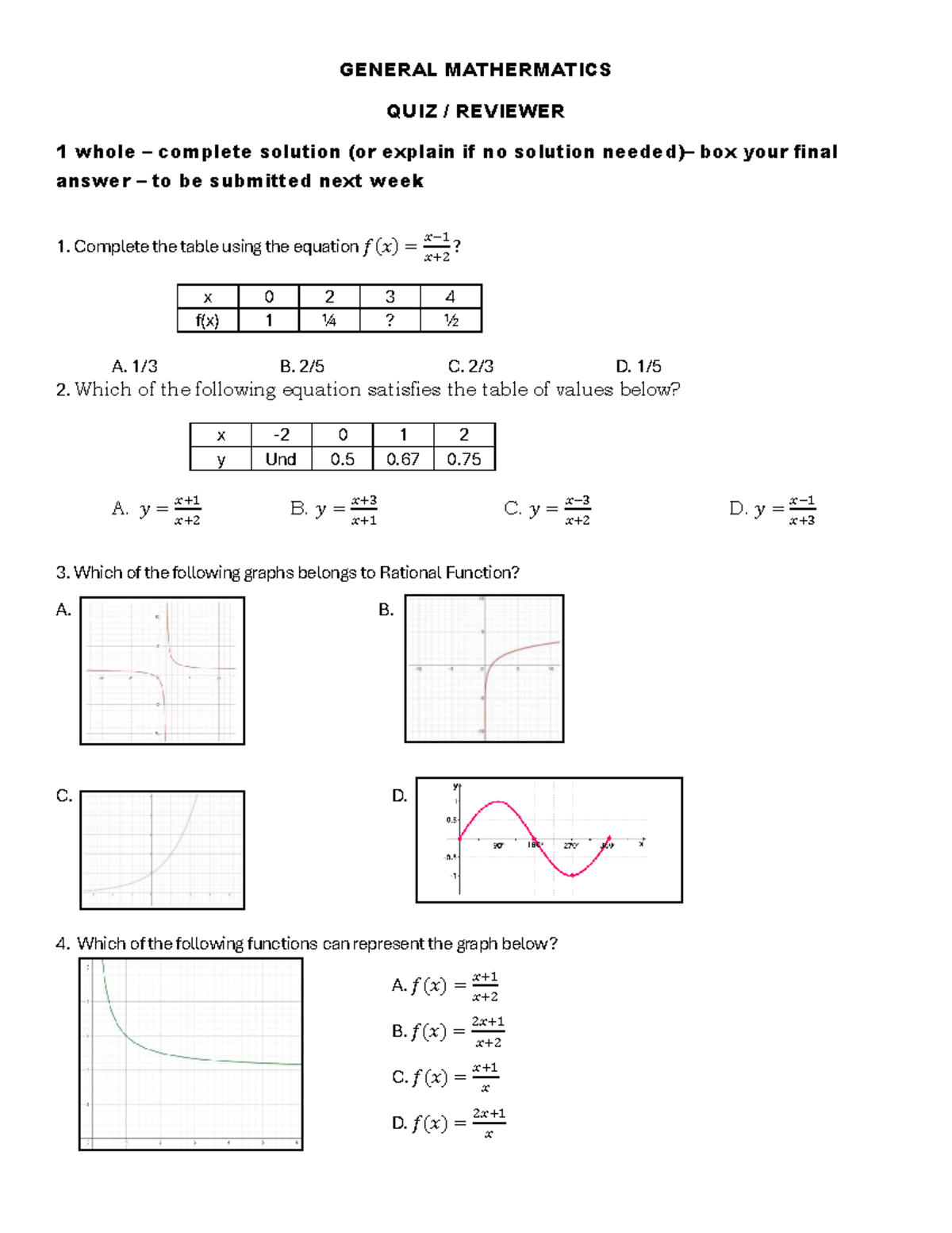 MATH 101: General Mathematics Quiz Reviewer 1 with Complete Solutions ...