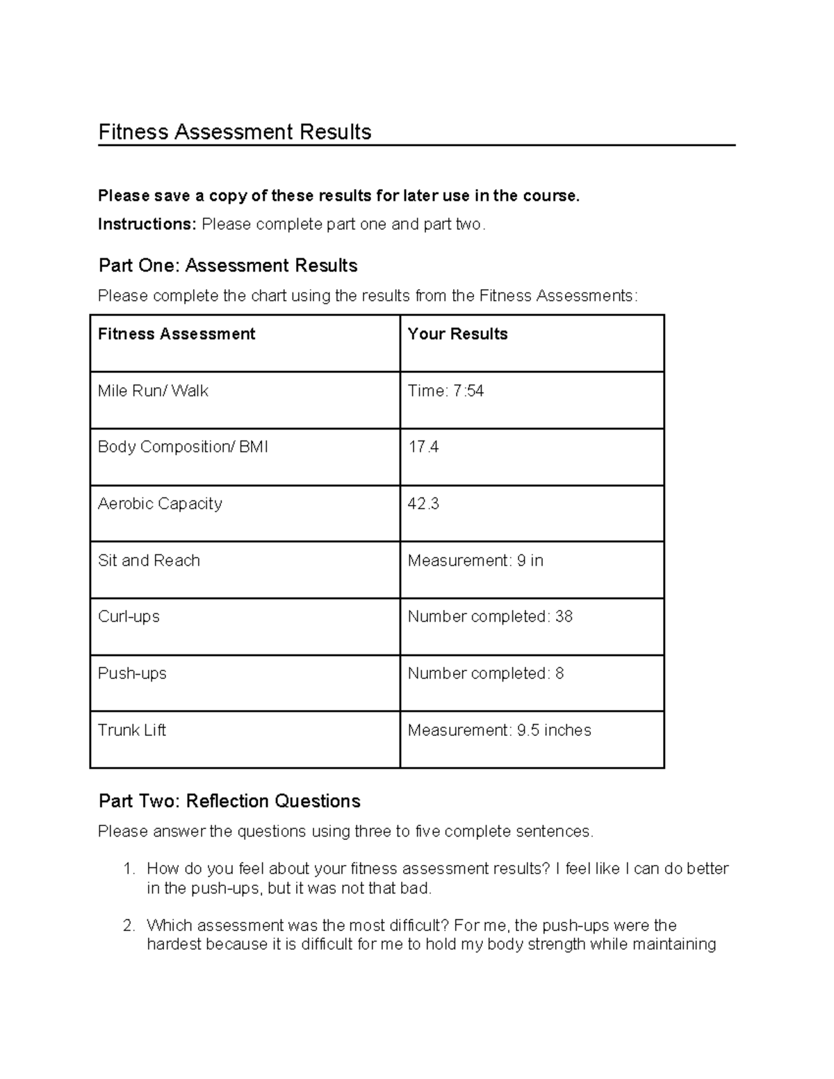 Fitness Assessment Results - 01 03 04 - Reflection & Data Analysis ...