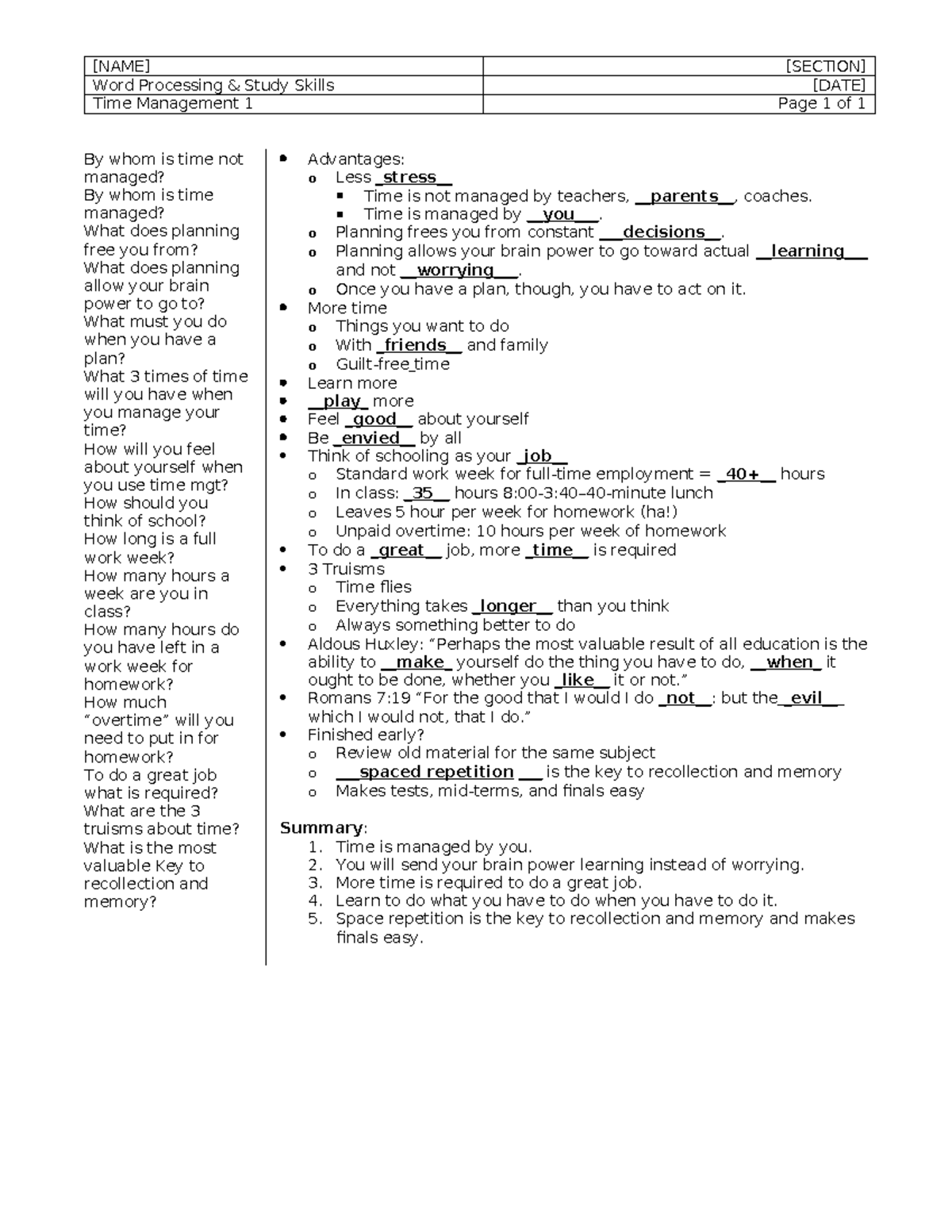 02 Time Management 1 - Comprehensive Study Guide - Studocu