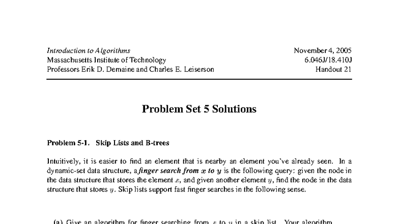 MIT 6.046 Problem Set 5 Solutions: Finger Searches and Data Structures ...