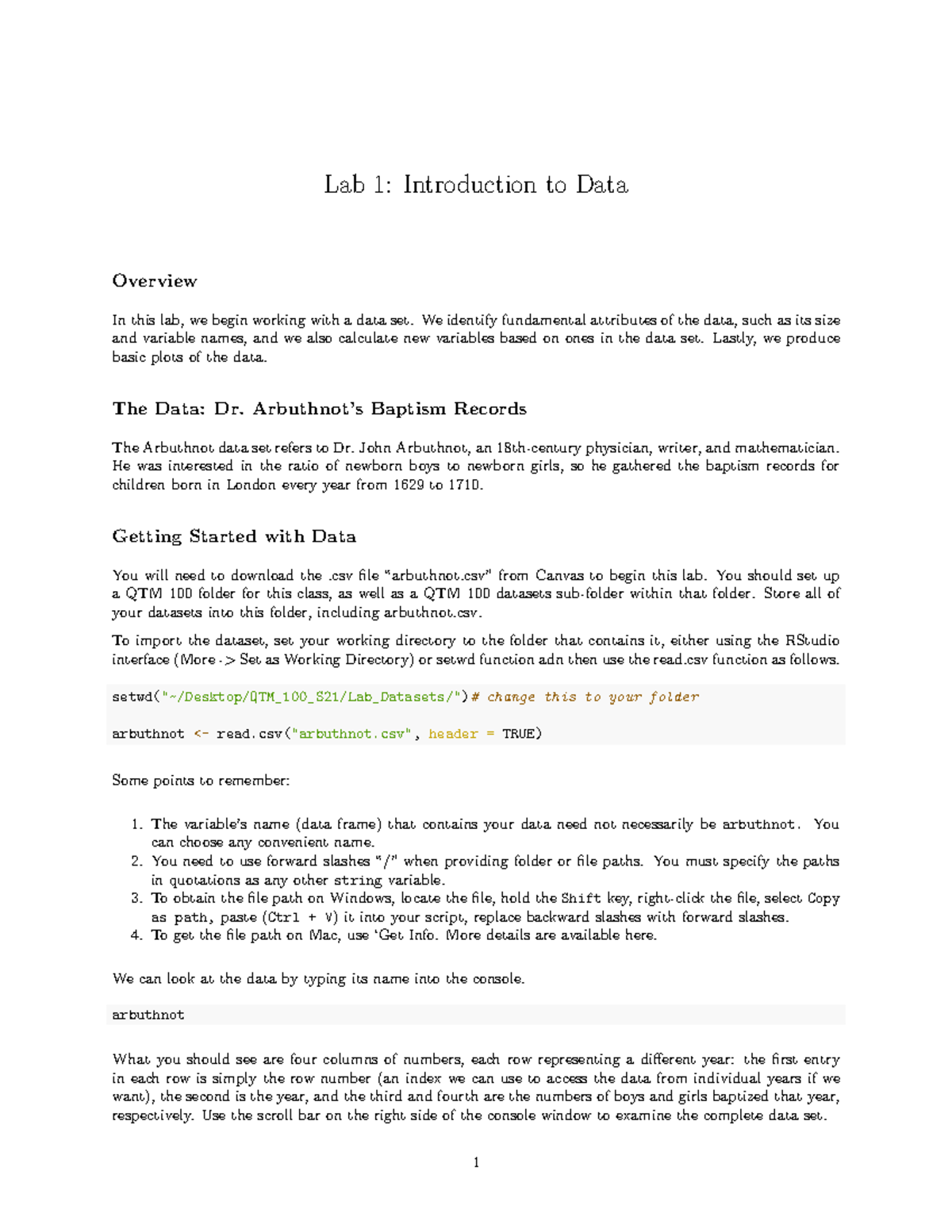 QTM 100 Lab 1: Intro to Data - Exploring Arbuthnot Records - Studocu