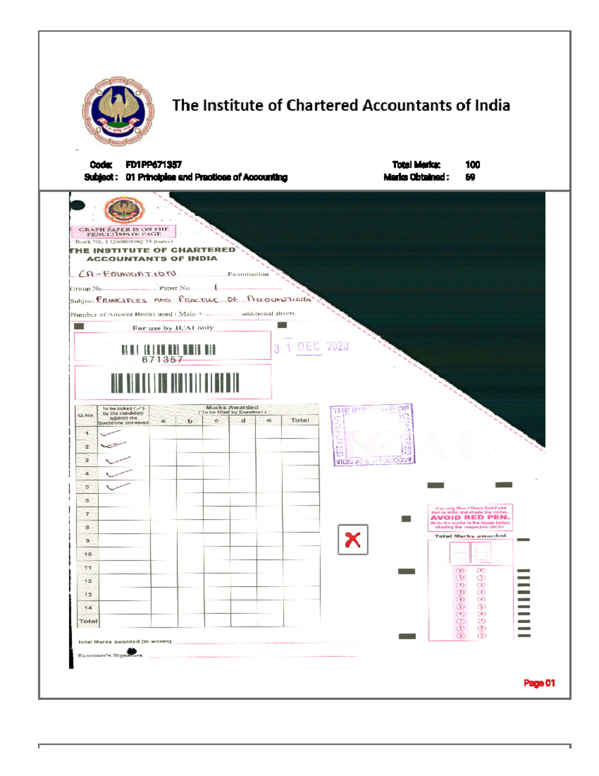 Accounts Paper 1 Answersheet: ICAI Certified Copy with Marks 69 - Studocu