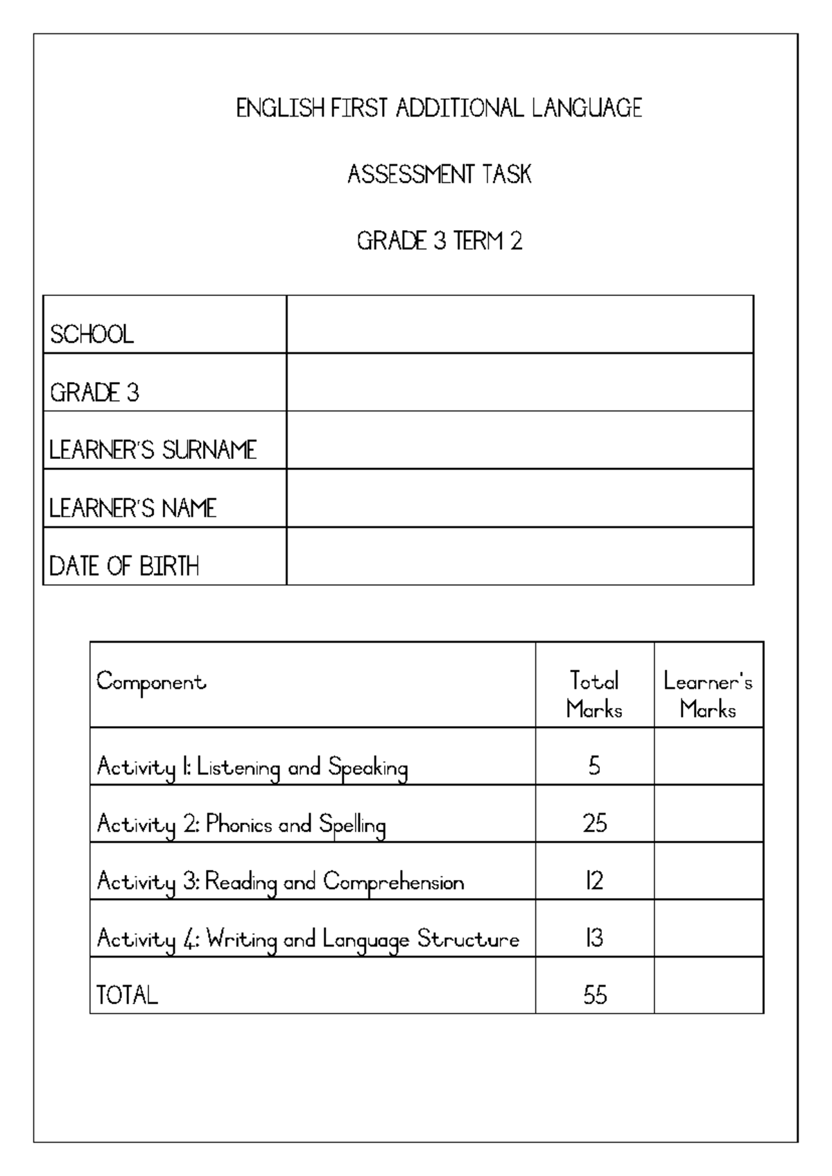 Grade 3 EFAL Assessment Task Term 2 - Detailed Activities Overview ...