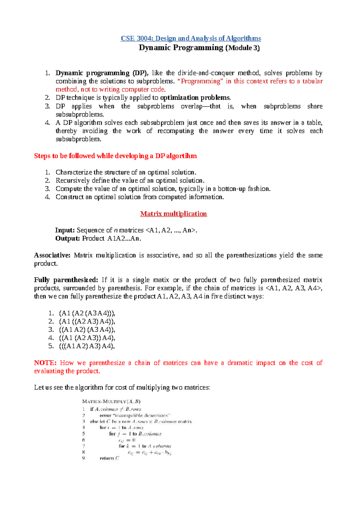 CSE 3004: Dynamic Programming in Matrix Chain Multiplication - Studocu