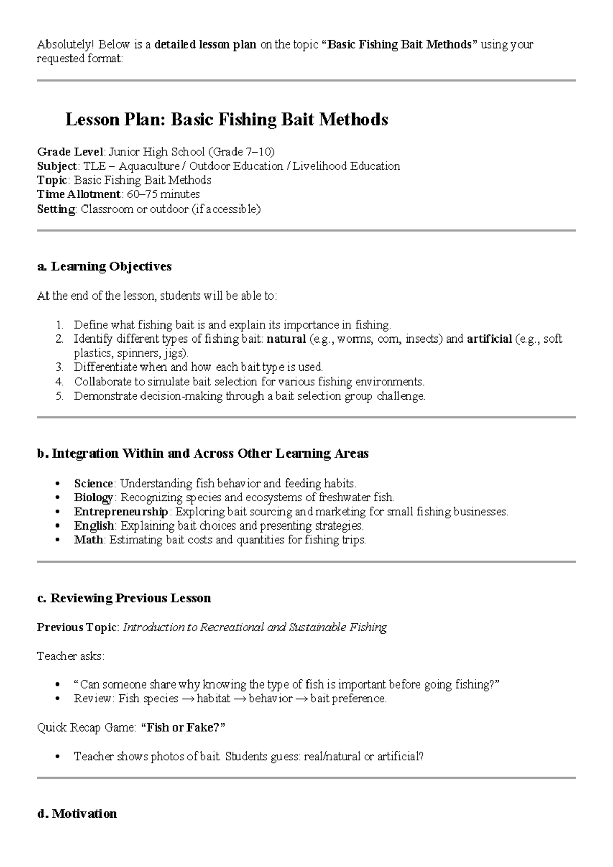 Detailed Lesson Plan on Fishing Bait for TLE 8 - Studocu
