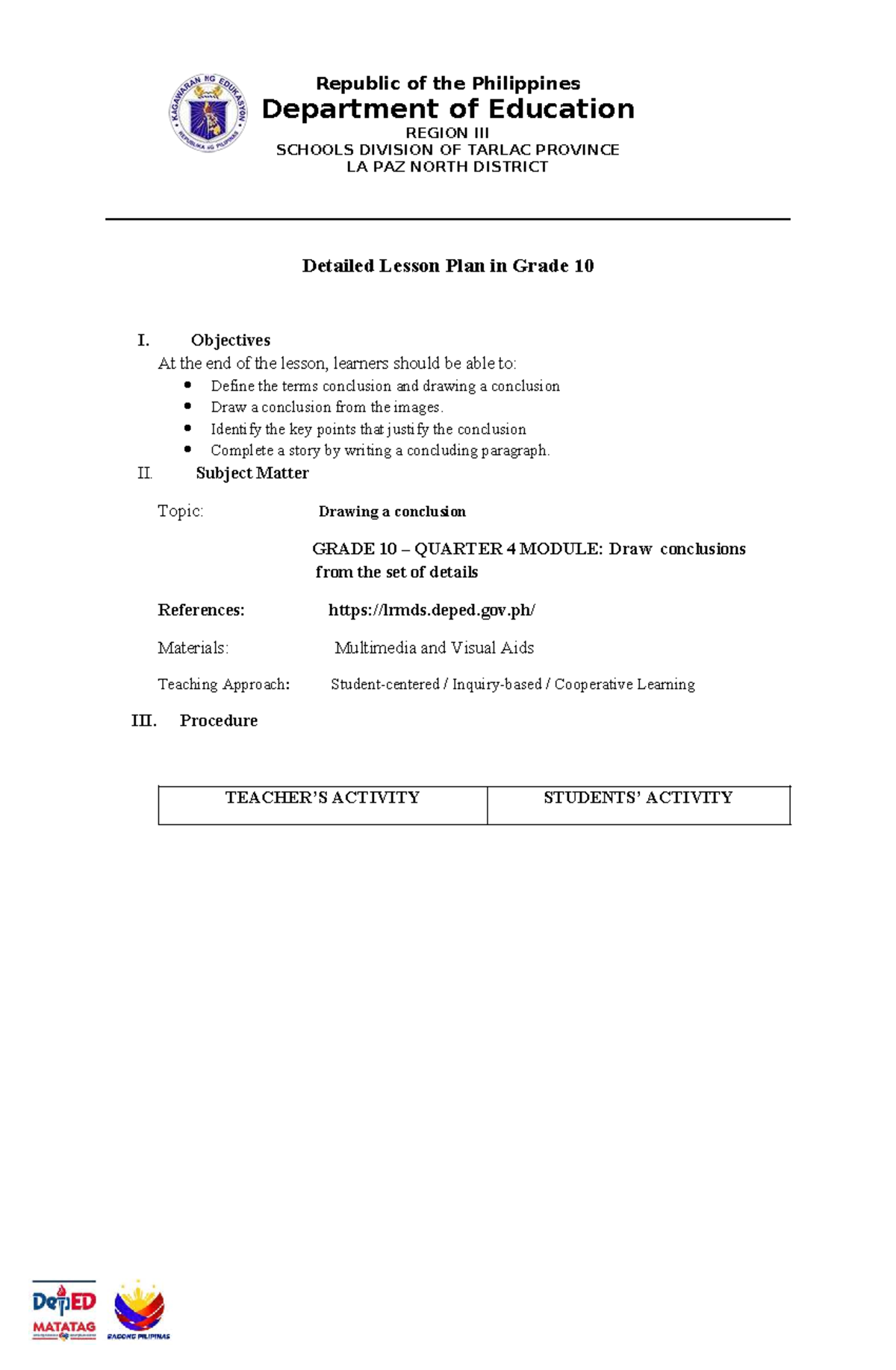 Grade 10 Detailed Lesson Plan: Drawing Conclusions (Quarter 4) - Studocu