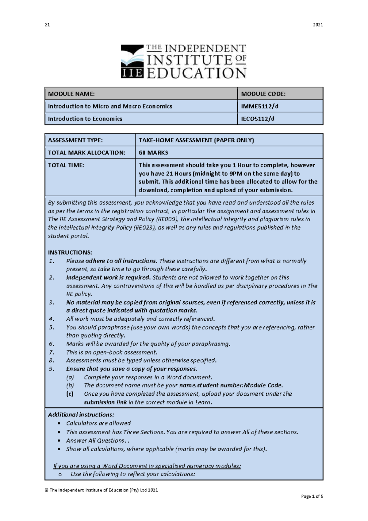 IMME5112 - Take-Home Assessment: Intro to Micro and Macro Economics ...