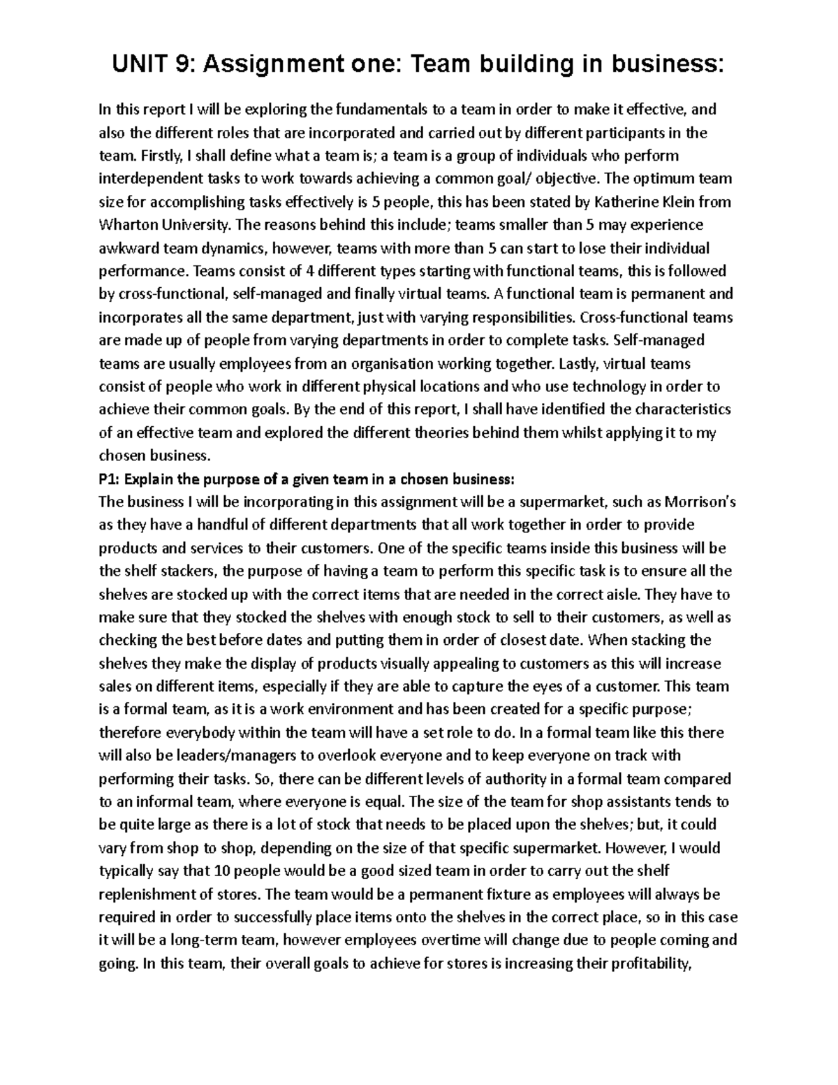 Unit 9, assignment one: team building in business: - In this report I will be exploring the ...