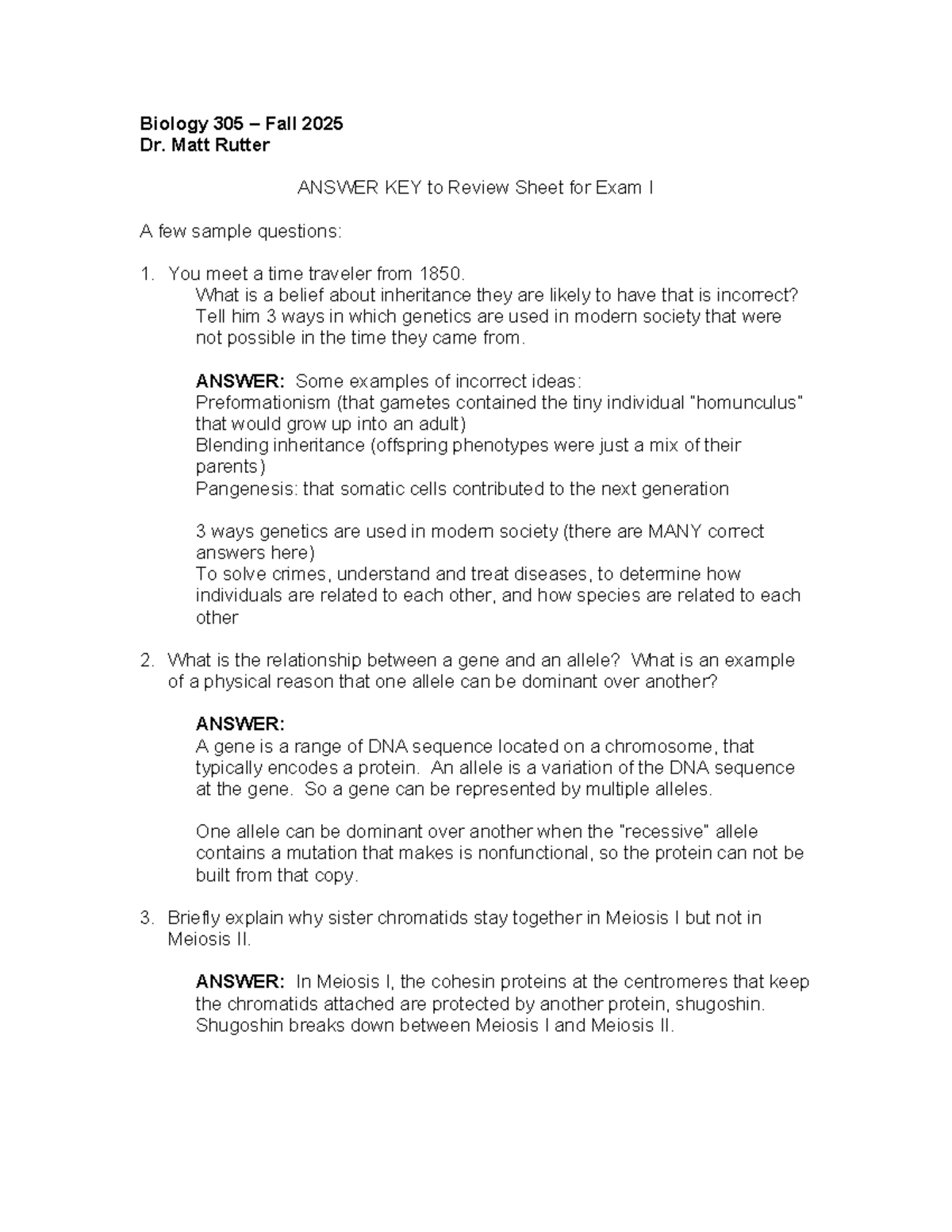 Biology 305 - Fall 2025: Exam I Review Sheet Answer Key - Studocu