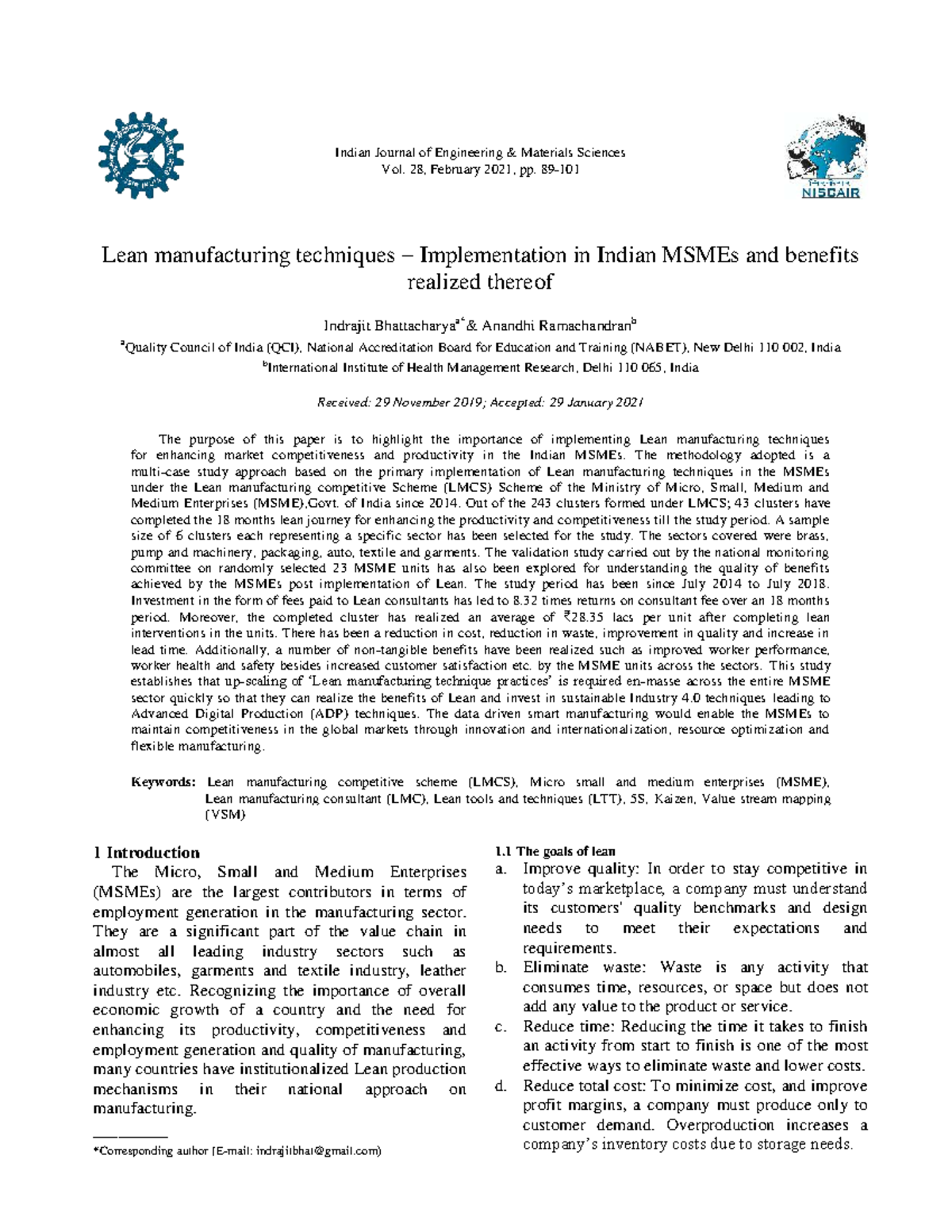 Lean Manufacturing Techniques in Indian MSMEs: Implementation & Benefits - Studocu