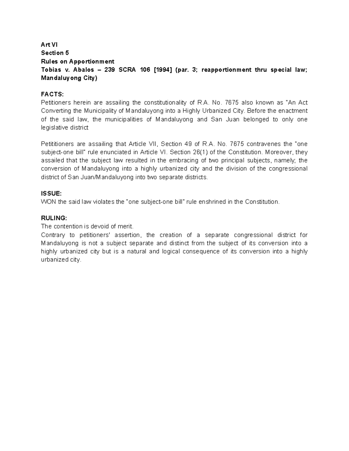 Tobias v. Abalos - gsdfg - Art VI Section 5 Rules on Apportionment ...