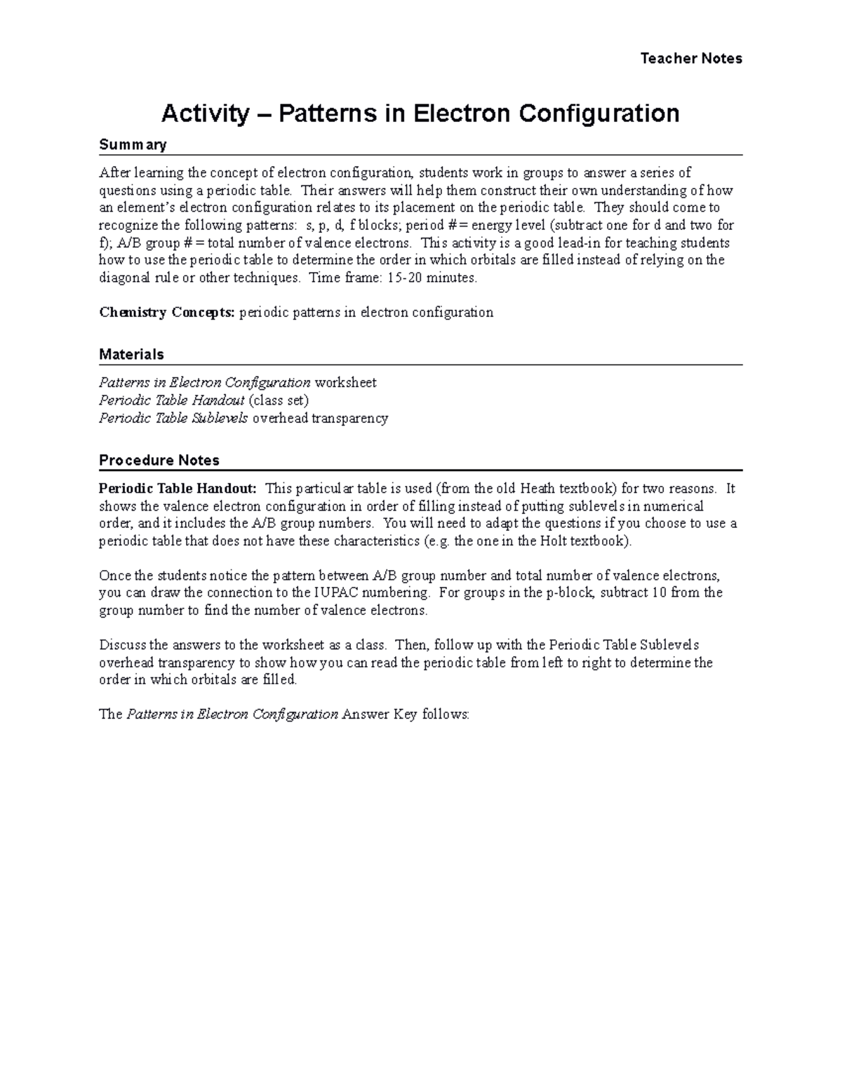 Activity - Patterns in Electron Configuration - Teacher Notes - Studocu